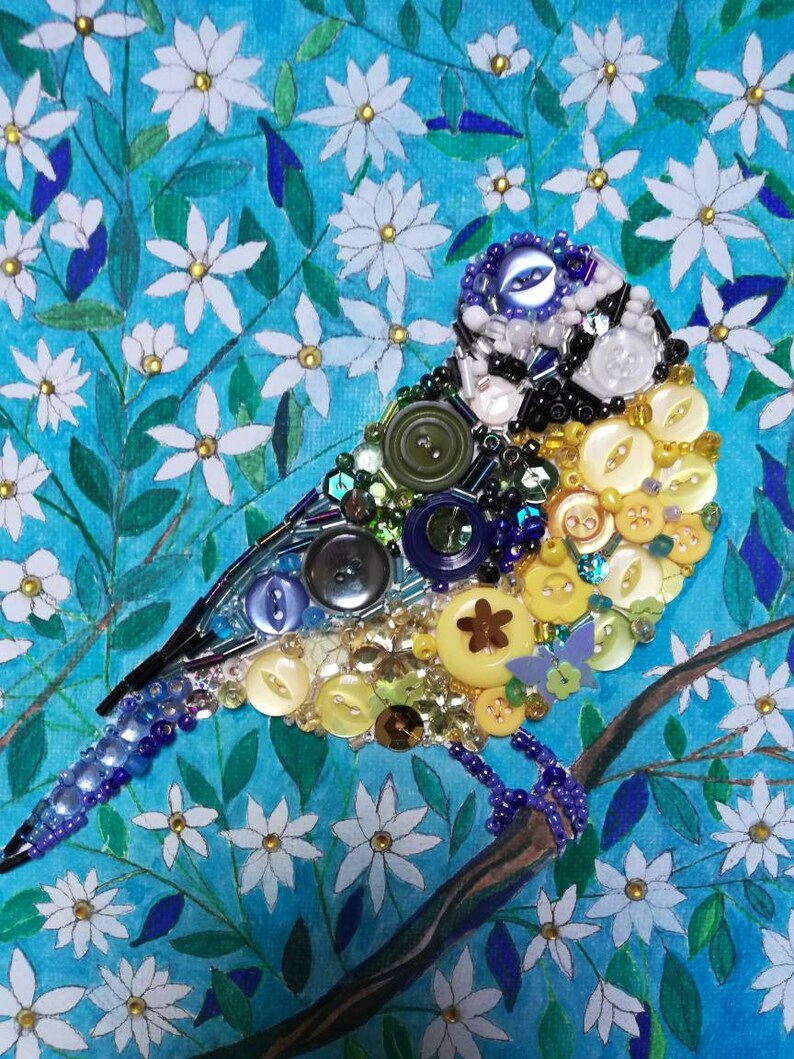 Bluetit,painting,collage, Mosaic,wall Art,wall Decor, Bluebird,button ...