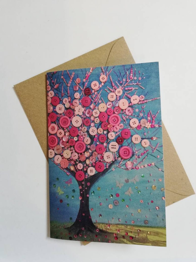 Cherry Blossom Blank Greetings Card,blossom Buttons Card,pink Blossom ...