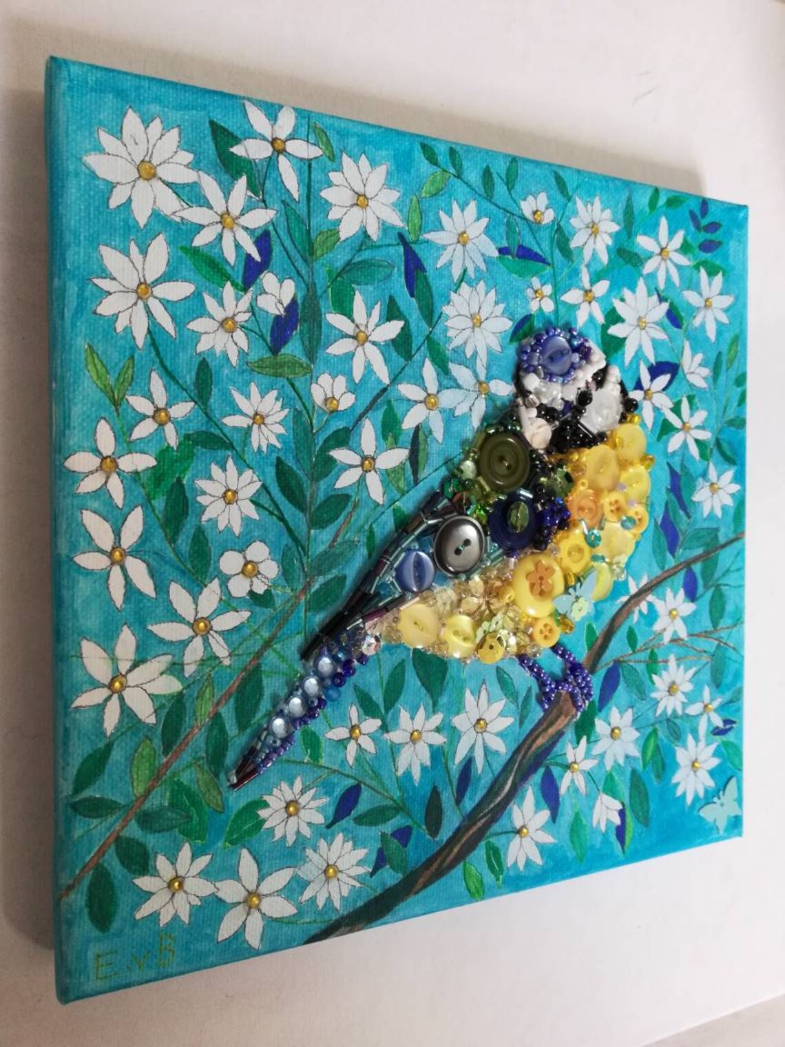 Bluetit,painting,collage, Mosaic,wall Art,wall Decor, Bluebird,button ...