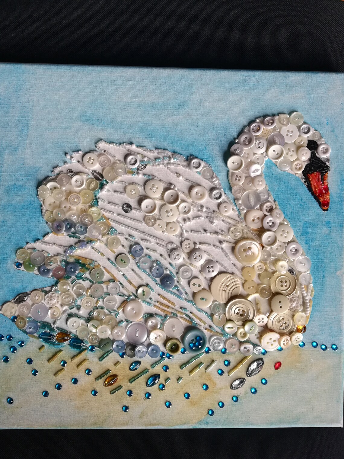 Swan Painting, Recycled Button Art,button Painting,button Swan Art,swan ...
