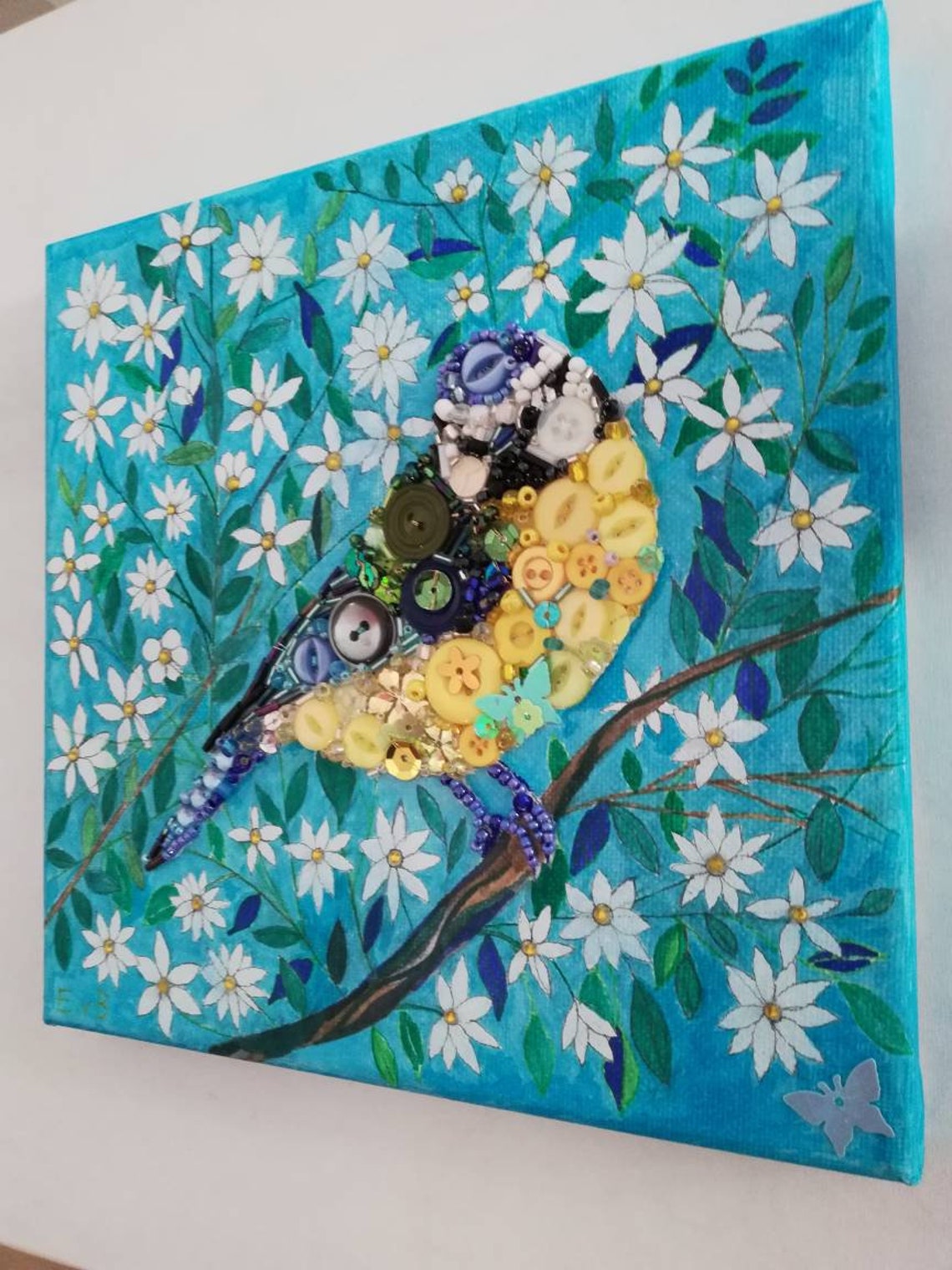 Bluetit,painting,collage, Mosaic,wall Art,wall Decor, Bluebird,button ...