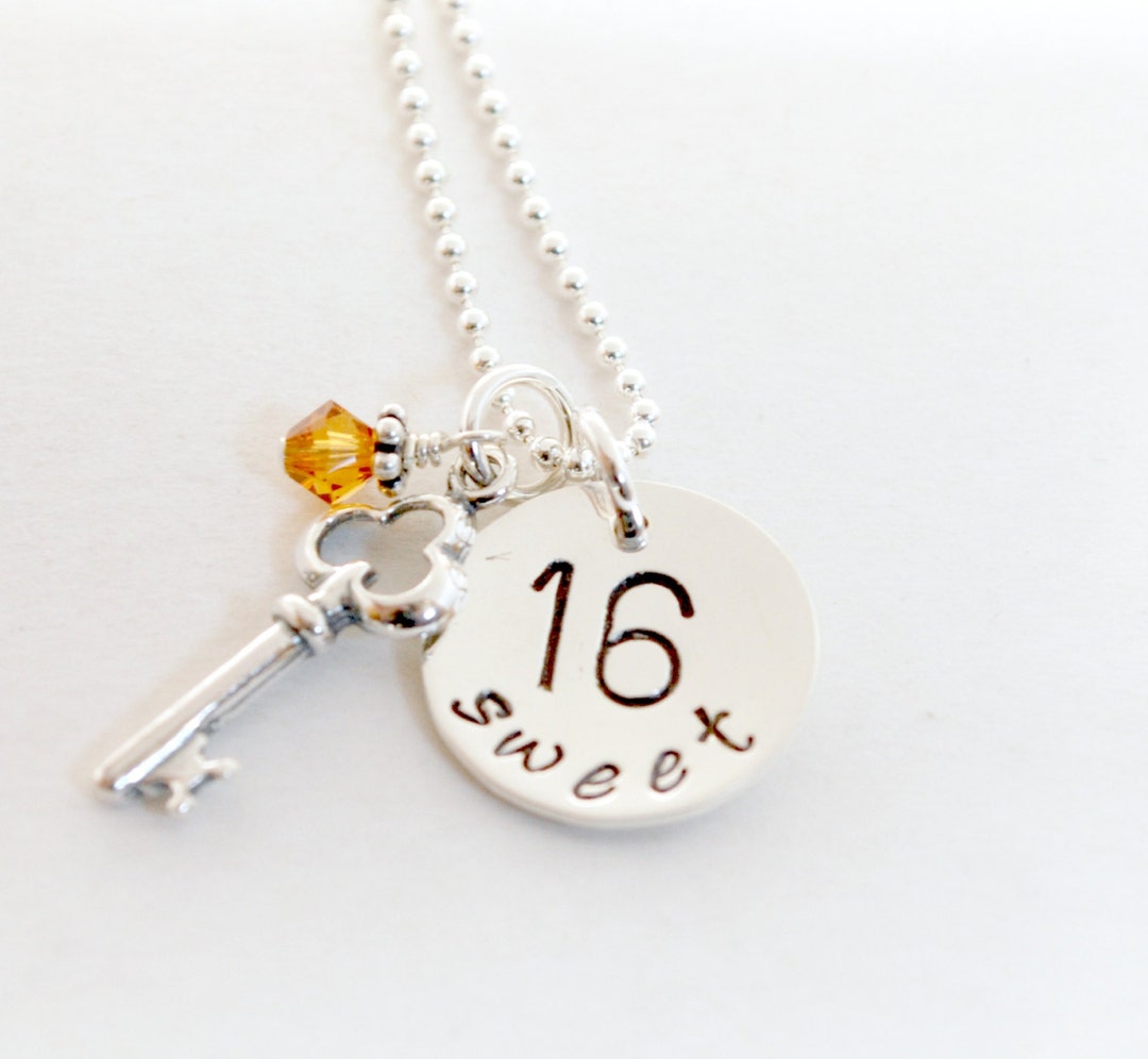 Sweet 16 Sterling Silver Necklace: Hand Stamped Key Charm, Swarovski ...