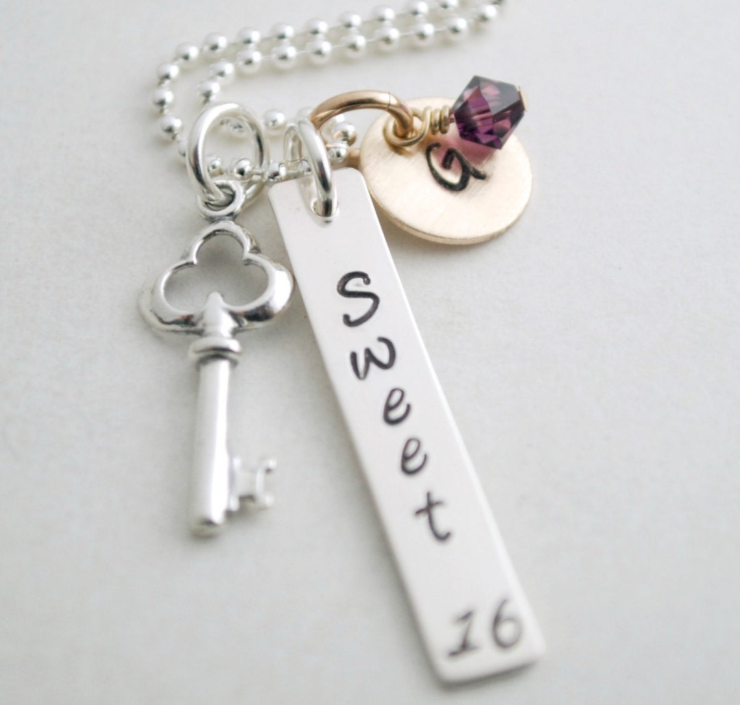 Personalized Sweet 16 Necklace With Gold Initial Charm and Birthstone ...