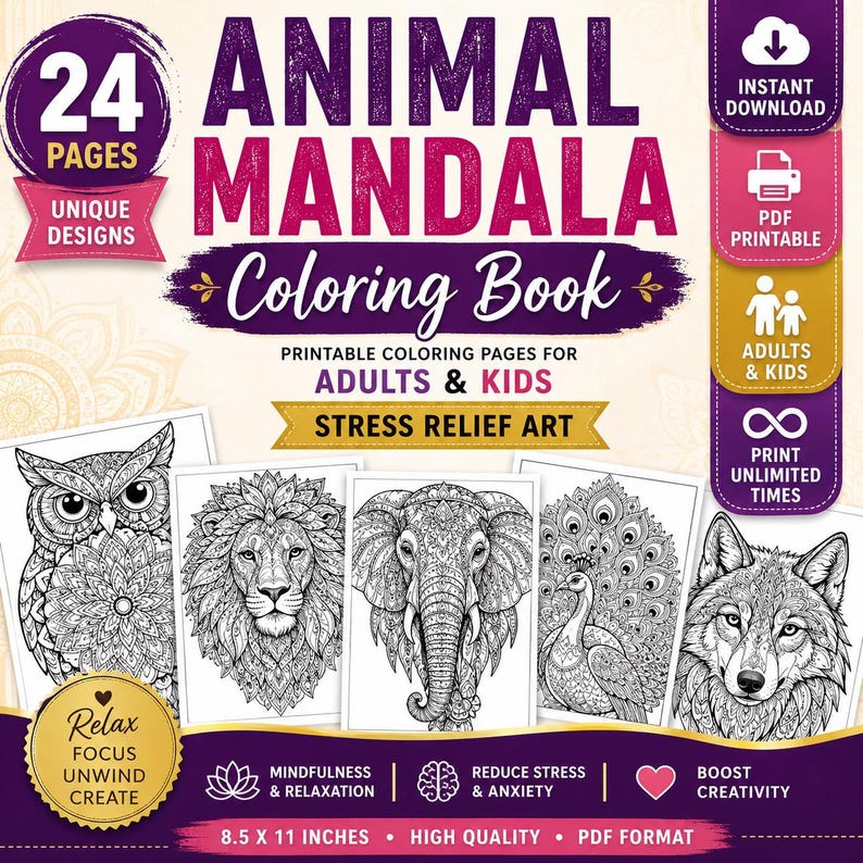 Animal Mandala Coloring Pages: Intricate Designs for Adults and Kids ...