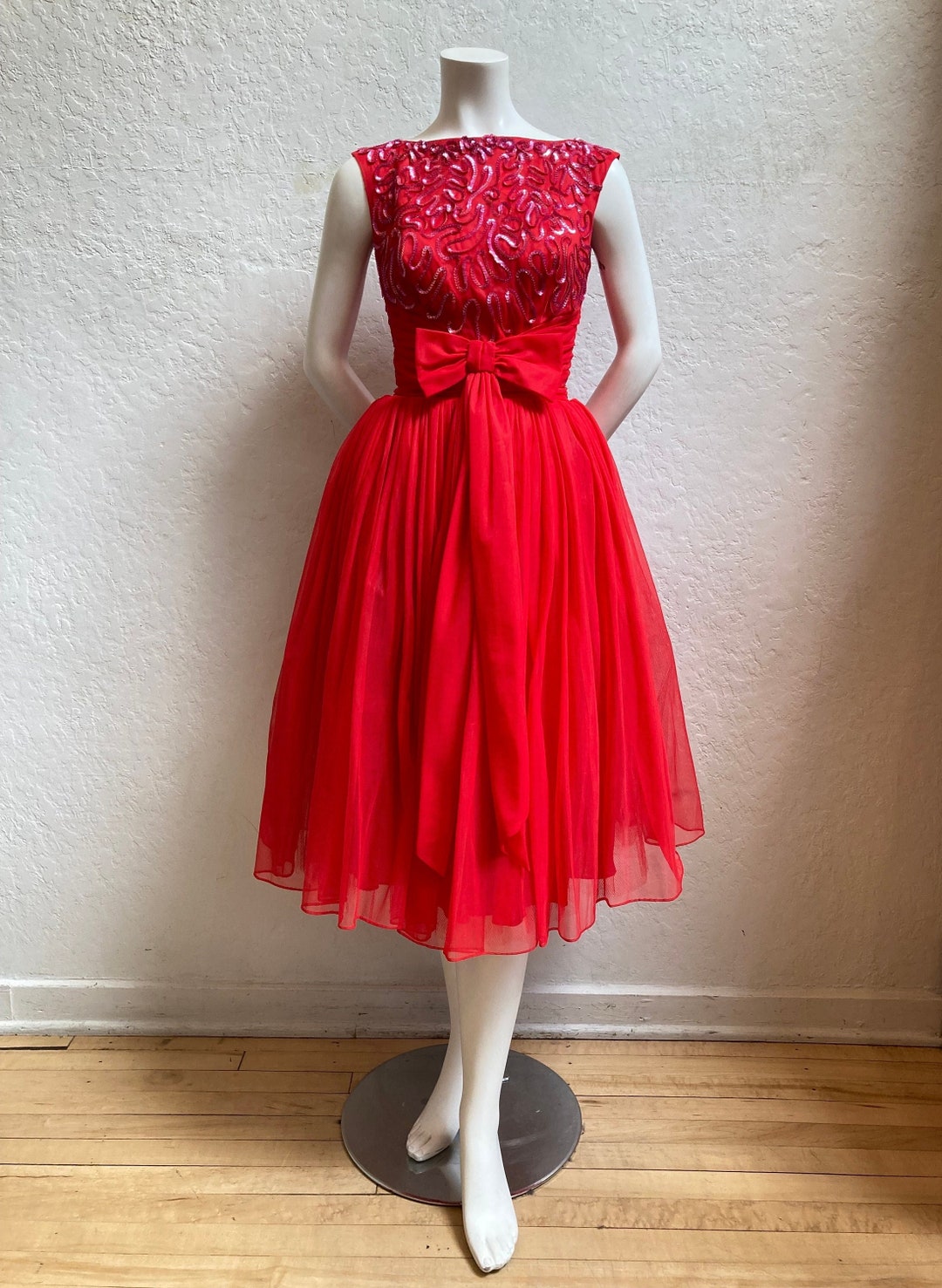 1950’s Red Semi-formal Chiffon Boatneck Party Dress With Pink Sequins ...
