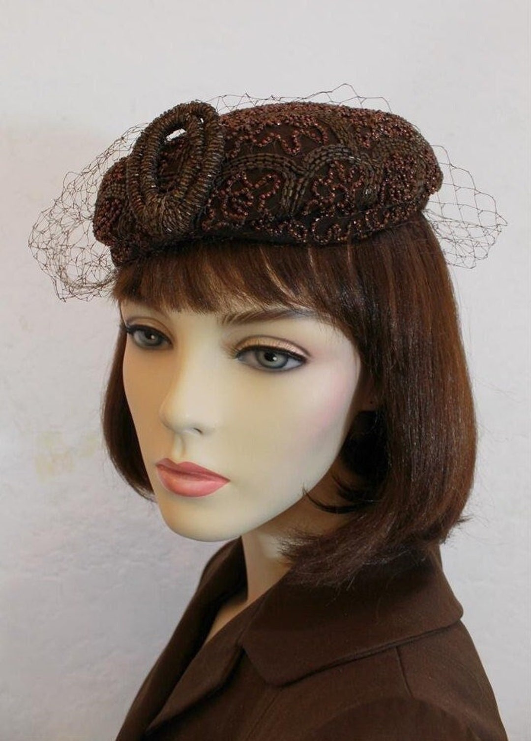 1940's Tam in Brown Wool Felt With Beading and Netting / Beret With ...