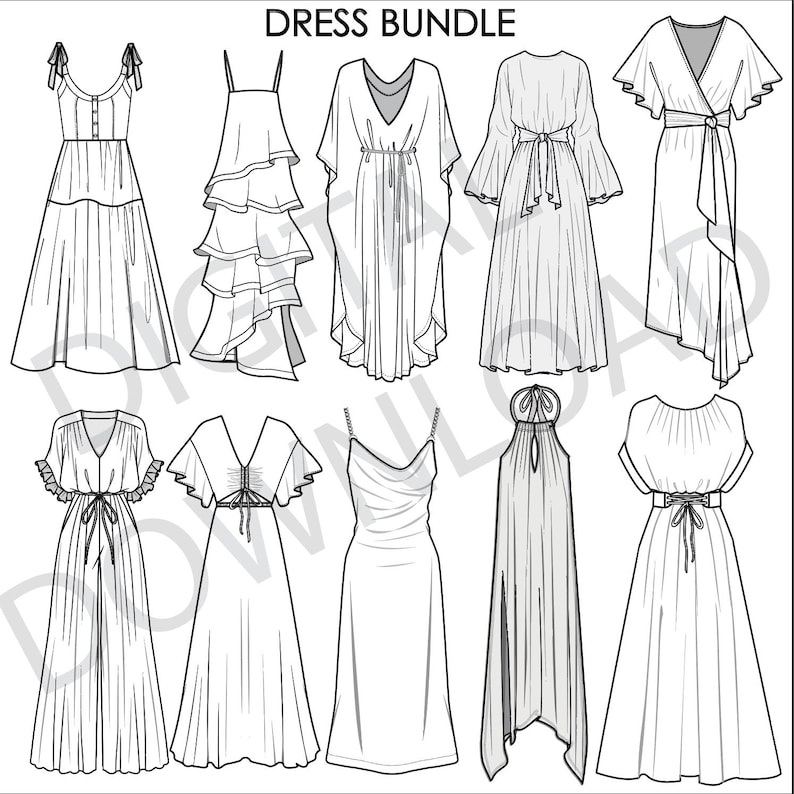 Editable Fashion Flat Sketches – Dress Template Bundle | AI File ...