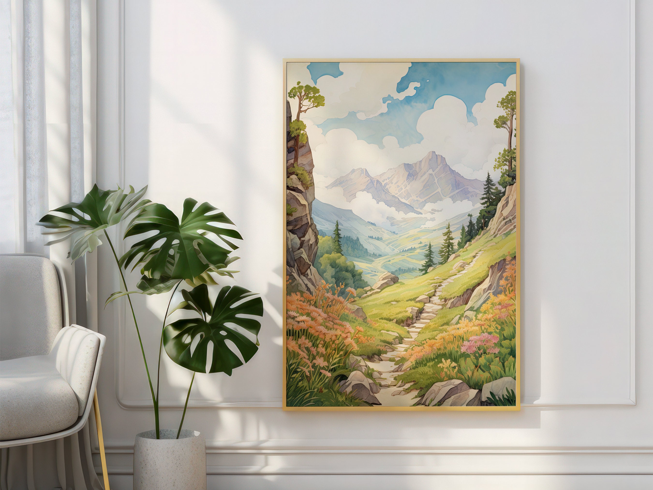 Scenic Mountain Path Digital Art Print, Nature Landscape Wall Art ...