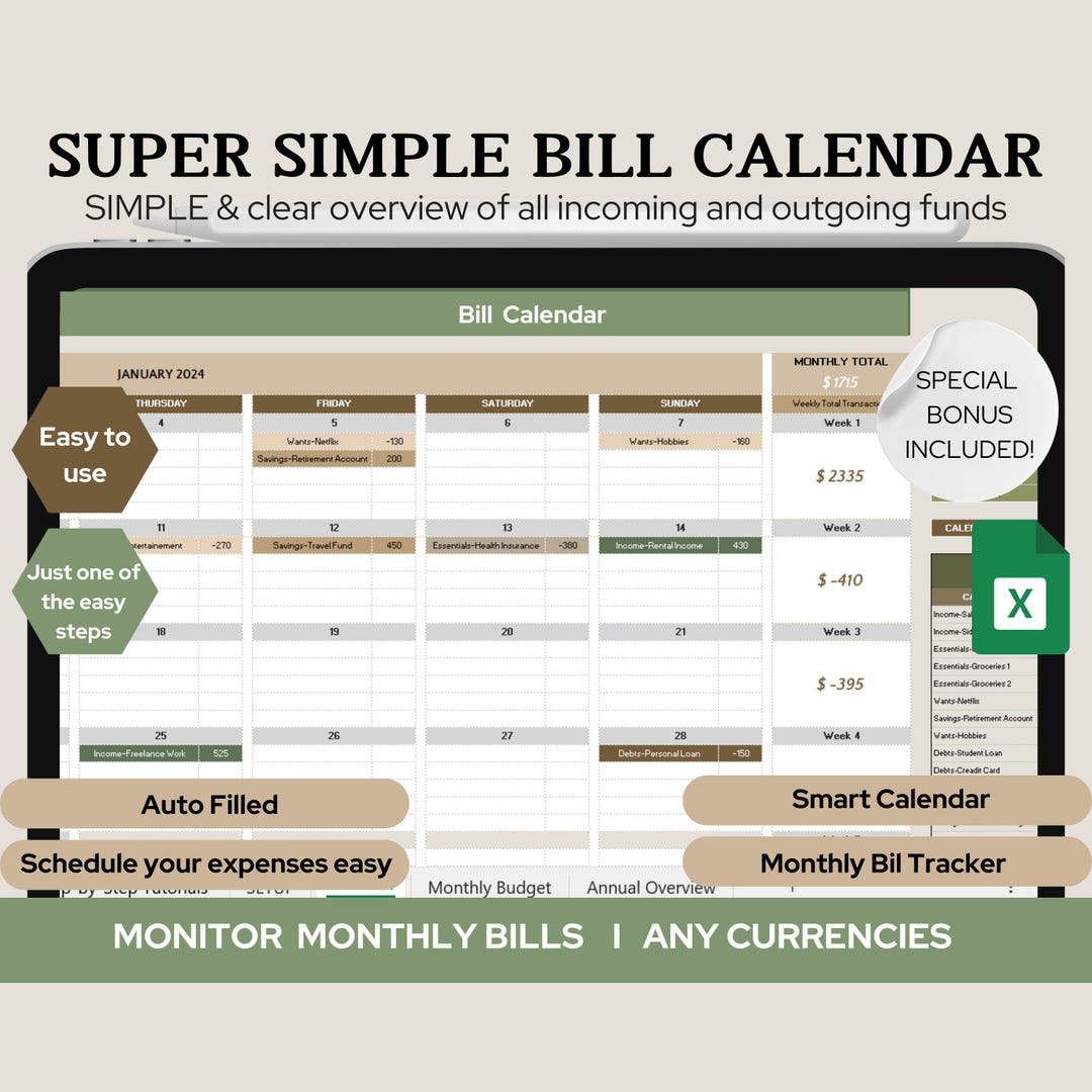 Beginner Budget Bill Calendar, Monthly Expense Tracker (excel Template ...