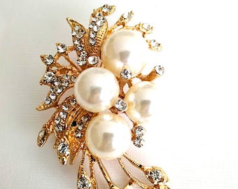 Large Pearl Brooch Pin With Crystal Leaves, Lead Nickel Free ...