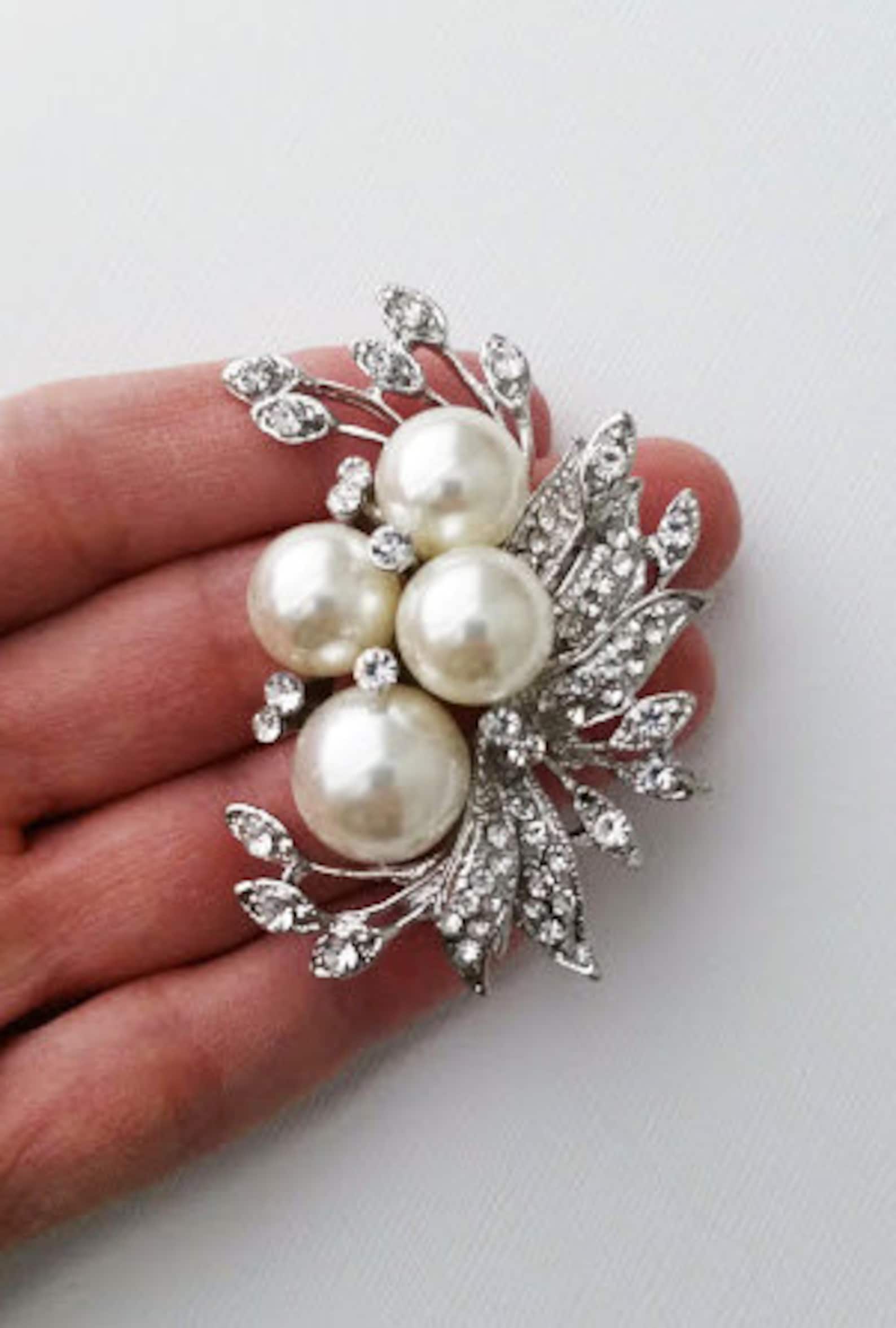 Large Pearl Brooch Pin With Crystal Leaves, Lead Nickel Free ...