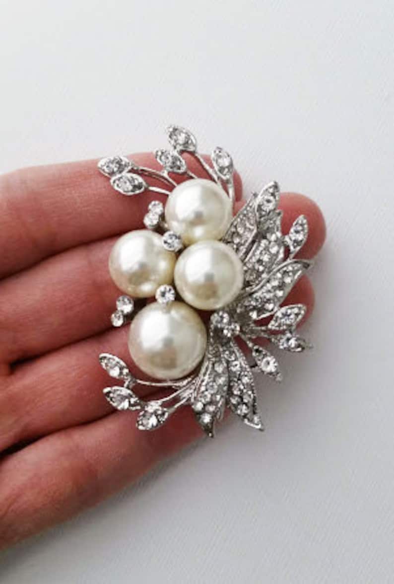 Large Pearl Brooch Pin With Crystal Leaves, Lead Nickel Free ...