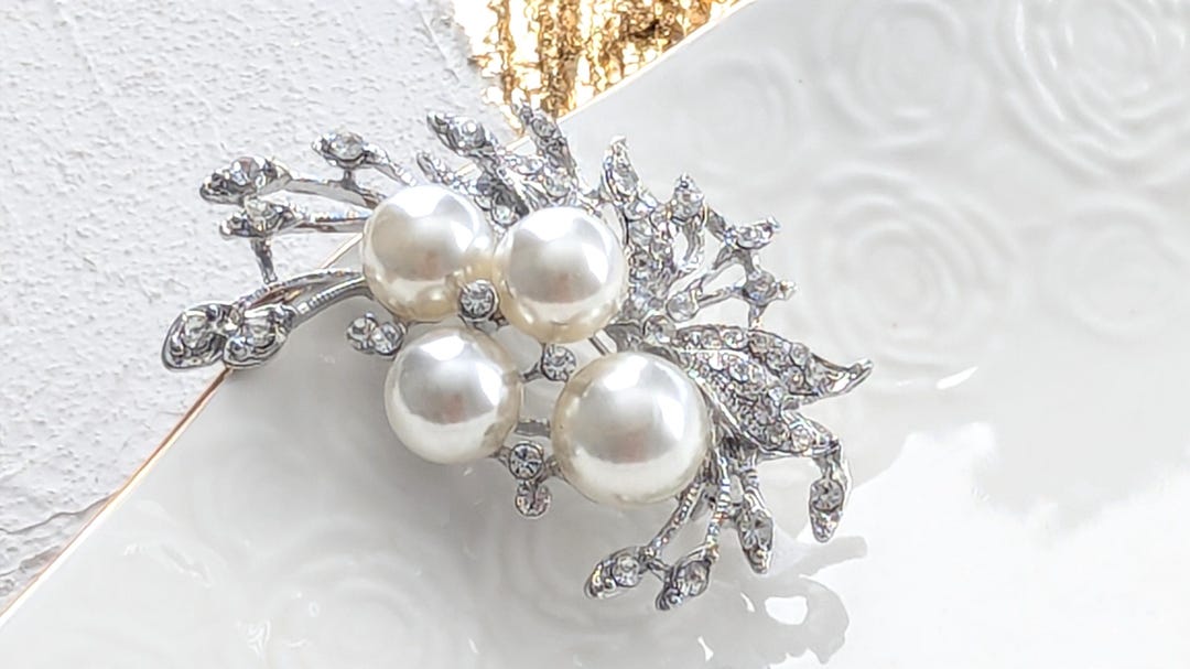 Large Pearl Brooch Pin With Crystal Leaves, Lead Nickel Free ...