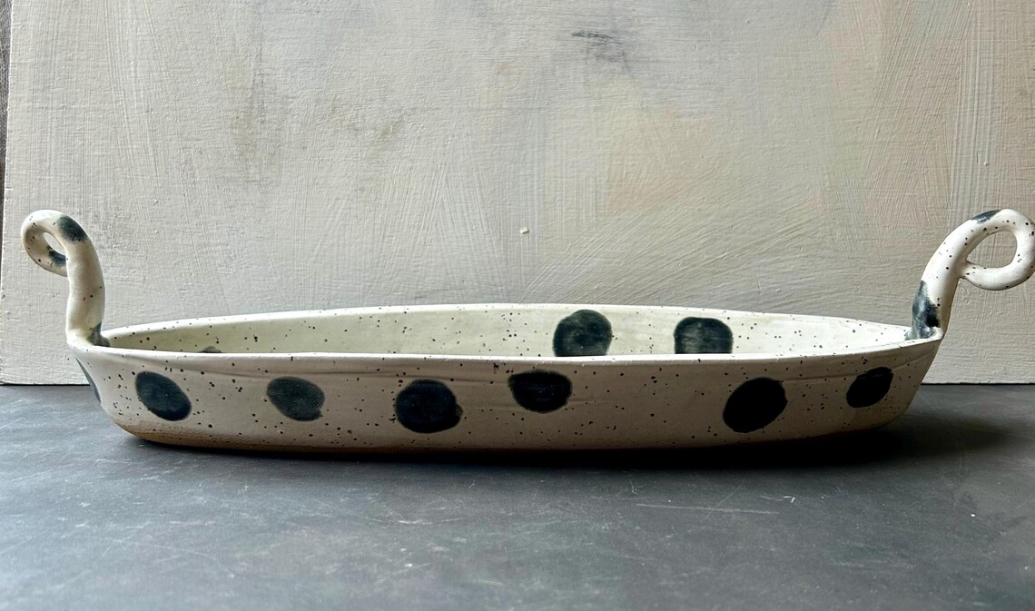 Boat Shaped Serving Vessel, Creamy White With Dark Speckles and Large ...