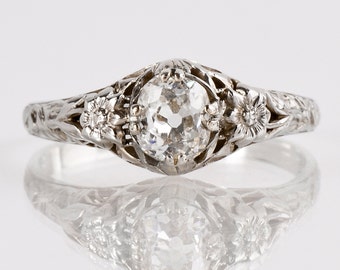 Antique 18k White Gold Filigree Diamond Engagement Ring | Etsy