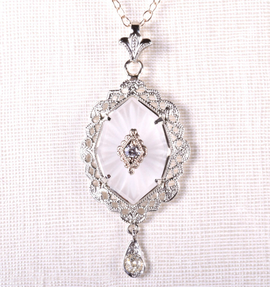 Antique Necklace - Antique 1920's 14k White Gold Crystal & Diamond ...
