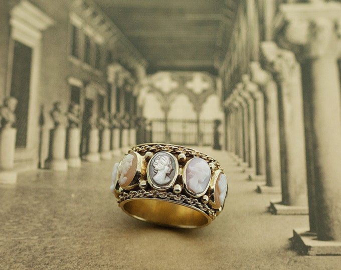 Vintage Ring - Vintage Cameo Band With 9 Cameos in a 14K Yellow Gold ...