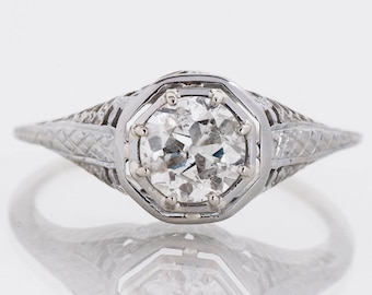 Antique 18k White Gold Filigree Diamond Engagement Ring | Etsy