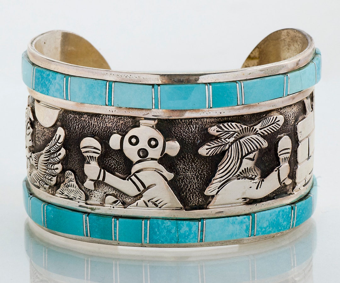 Vintage Sterling Silver Turquoise Inlay Cuff Bracelet: Signed Bct - Etsy