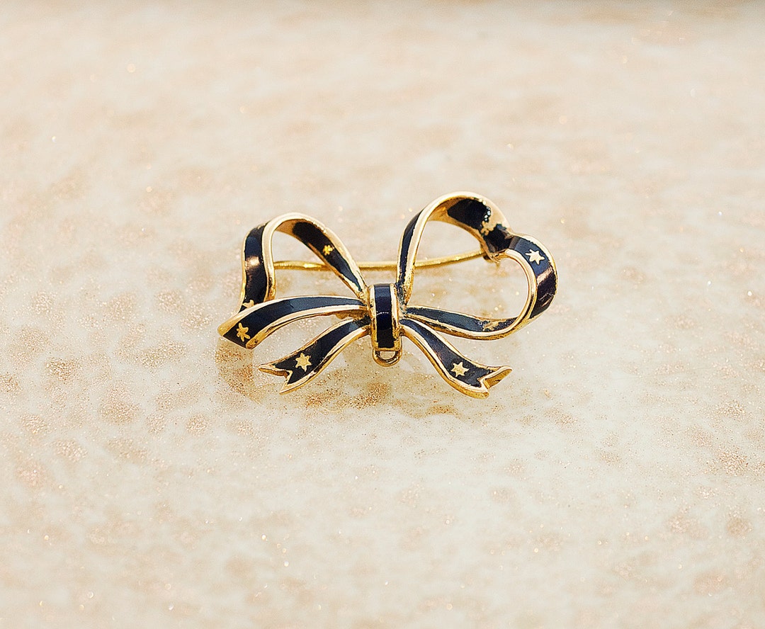 Antique 18K Yellow Gold and Blue Enamel Bow Pin - Etsy