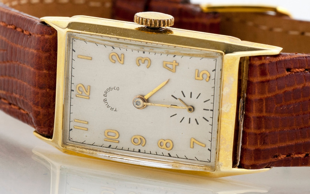 Vintage Watch- Vintage Men's 14k Yellow Gold Traub Bros Co Leather ...