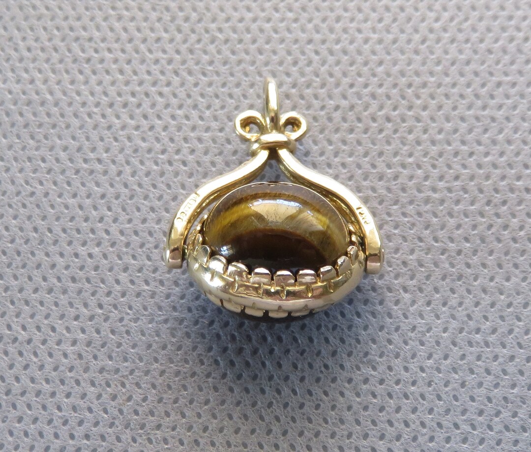 Antique 9K Solid Yellow Gold, Huge Genuine Tiger Eye Gem Spinning ...
