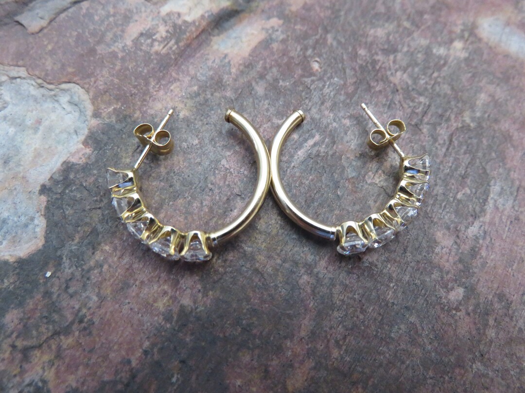 14K Solid Yellow Gold Hoop Push Back Earrings With SZ Sparkly Stones in ...