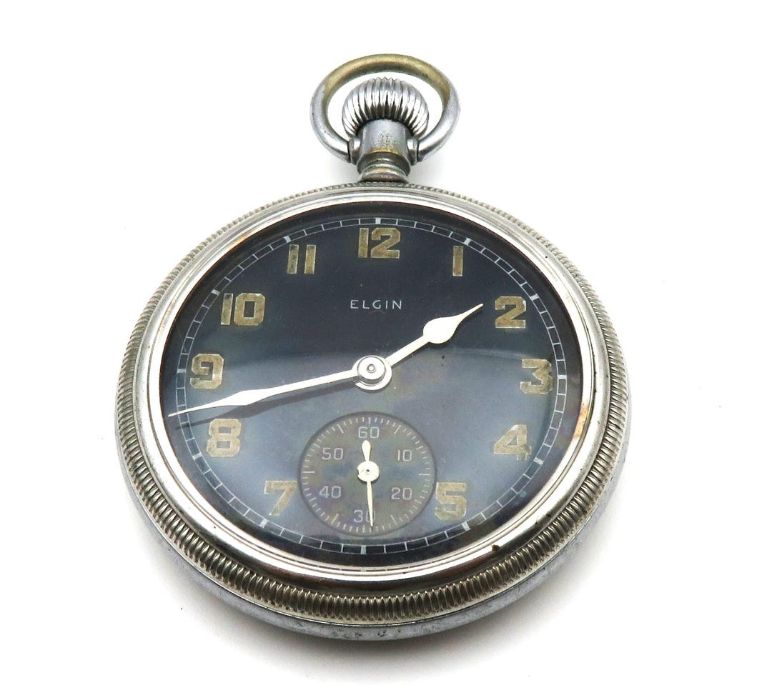 Elgin Military WII Pocket Watch, Black Dial, Chrome Plated - Etsy