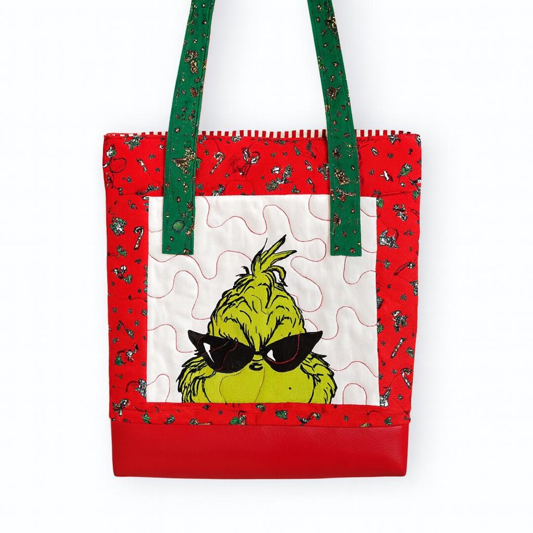 Grinch Tote Bag With Sunglasses | Quilted Christmas Tote | Red & Green ...