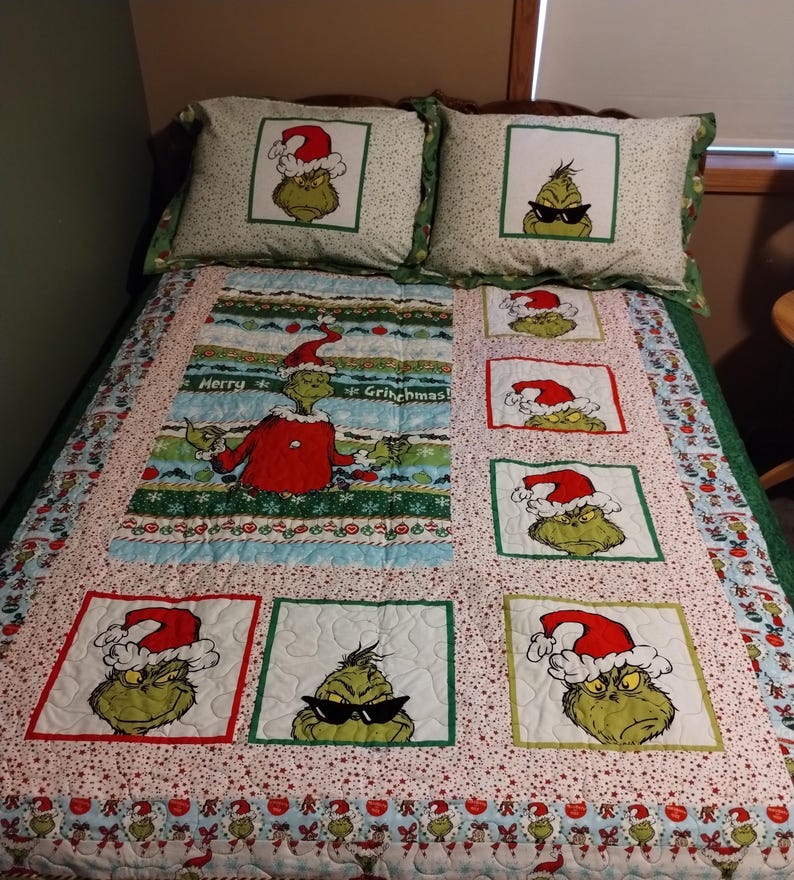 Grinch Queen Shams ONLY | Christmas Bedding | Whoville Decor | Holiday ...