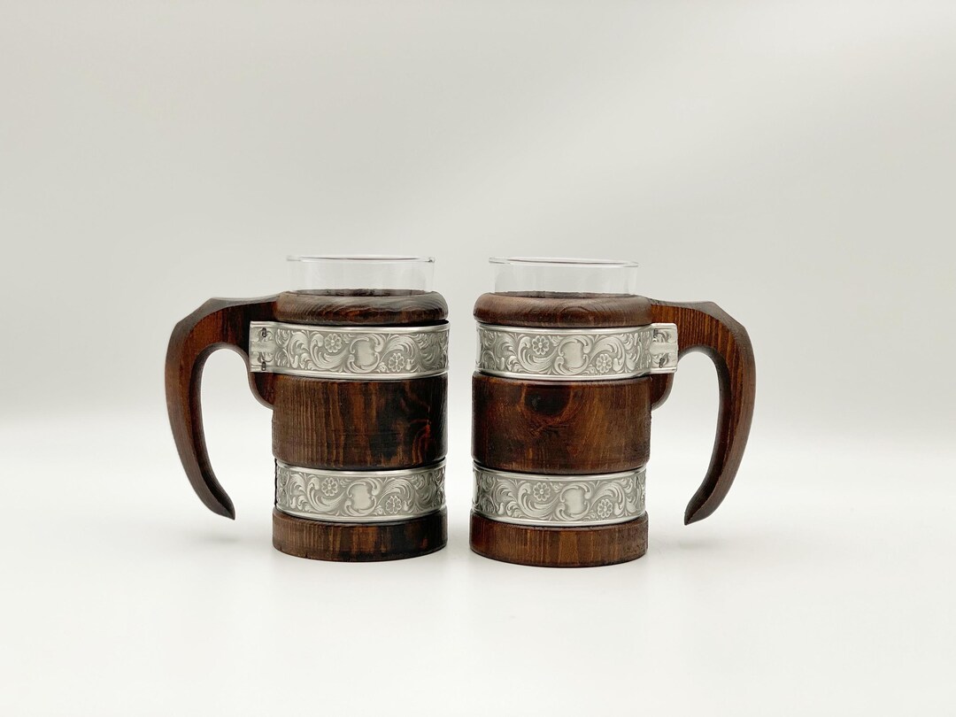 Pair of Norwegian Tankards , Decorative Pair of Beer Mugs Wood and ...