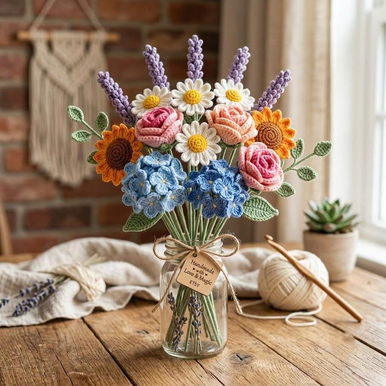 Crochet Flower Bouquet Pattern, Lavender Sunflower Roses Daisies Decor ...