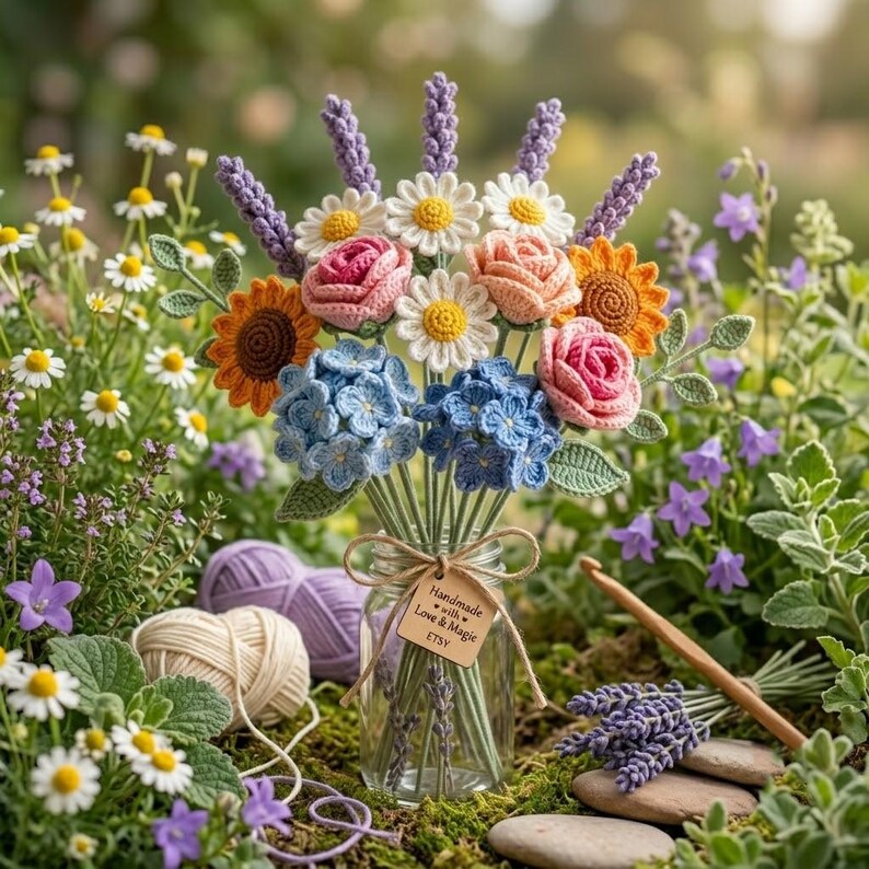 Crochet Flower Bouquet Pattern, Lavender Sunflower Roses Daisies Decor ...
