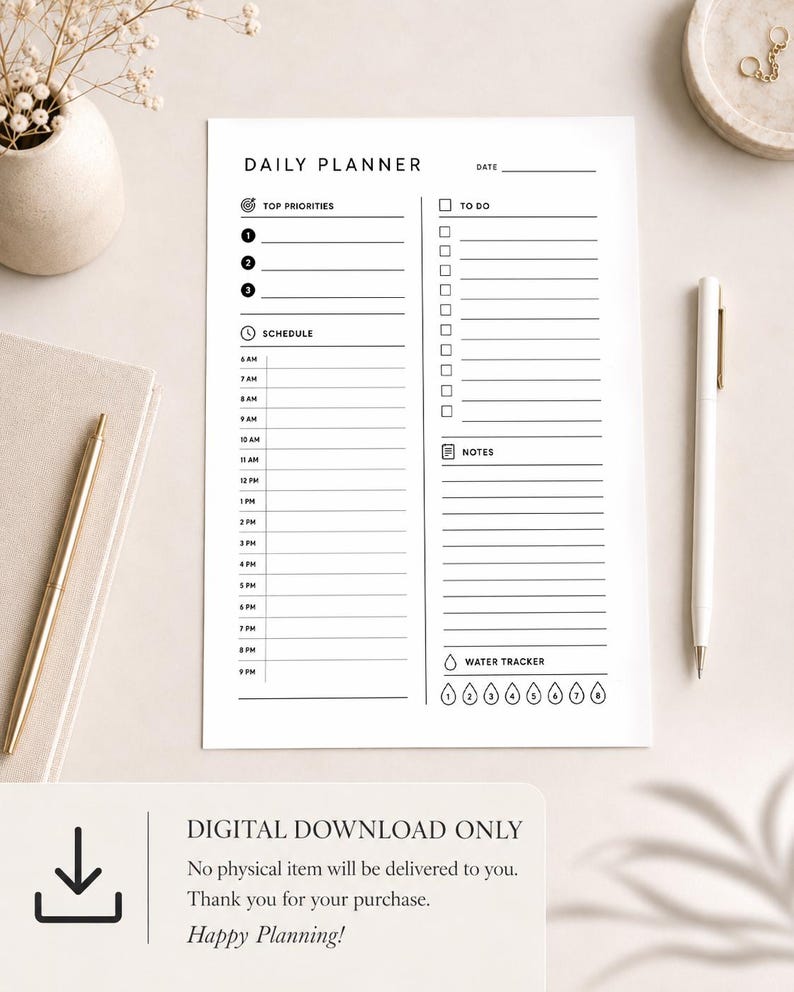 Simple Black Daily Planner Printable, Minimalist Diary Page Insert, to ...