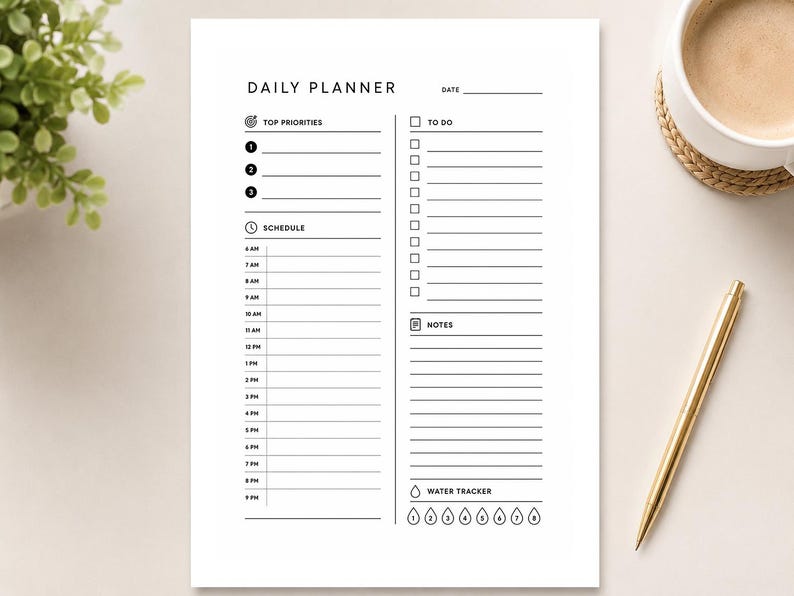 Simple Black Daily Planner Printable, Minimalist Diary Page Insert, to ...