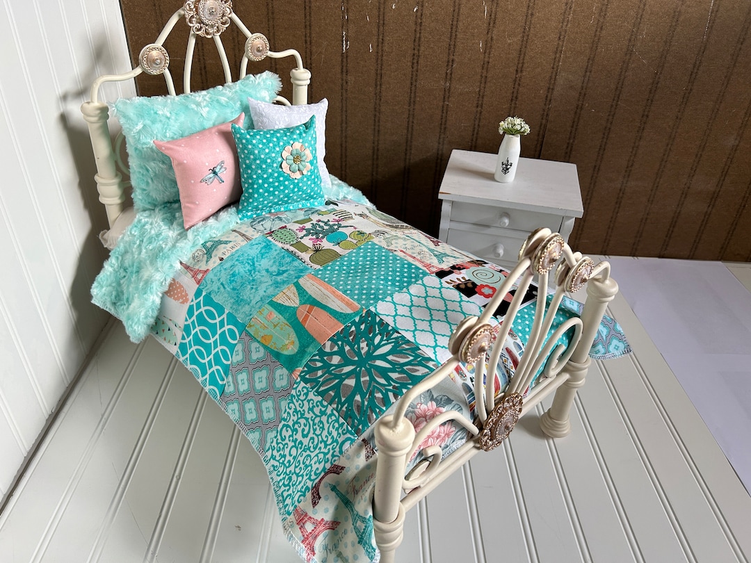 Minky Doll Bedding,aqua Patchwork One of a Kind/reversible Aqua Minky ...