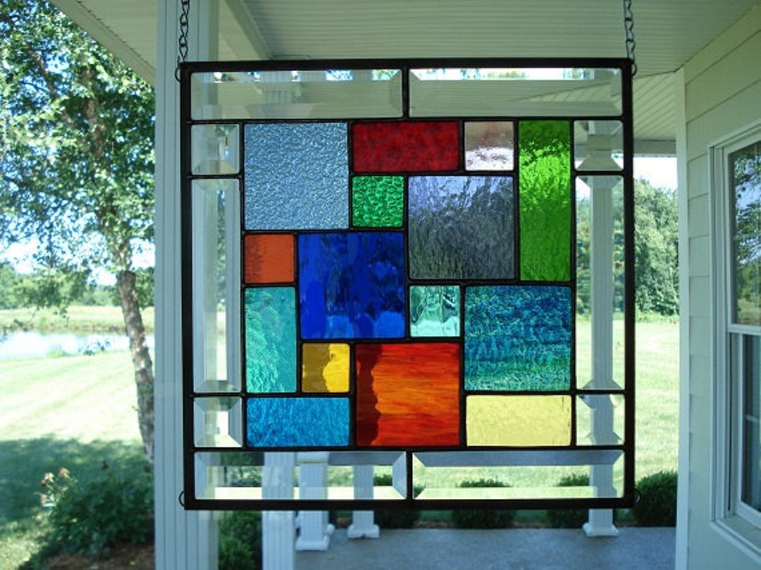 Square Stained Glass Window Panel Multi Colors & Bevels Approx Size: 12 ...