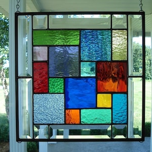 Square Stained Glass Window Panel Multi Colors & Bevels Approx Size: 12 ...