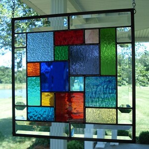 Square Stained Glass Window Panel Multi Colors & Bevels Approx Size: 12 ...