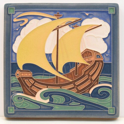 Viking Ship Tile dusk 4 X 4 by Art and Craftsman - Etsy