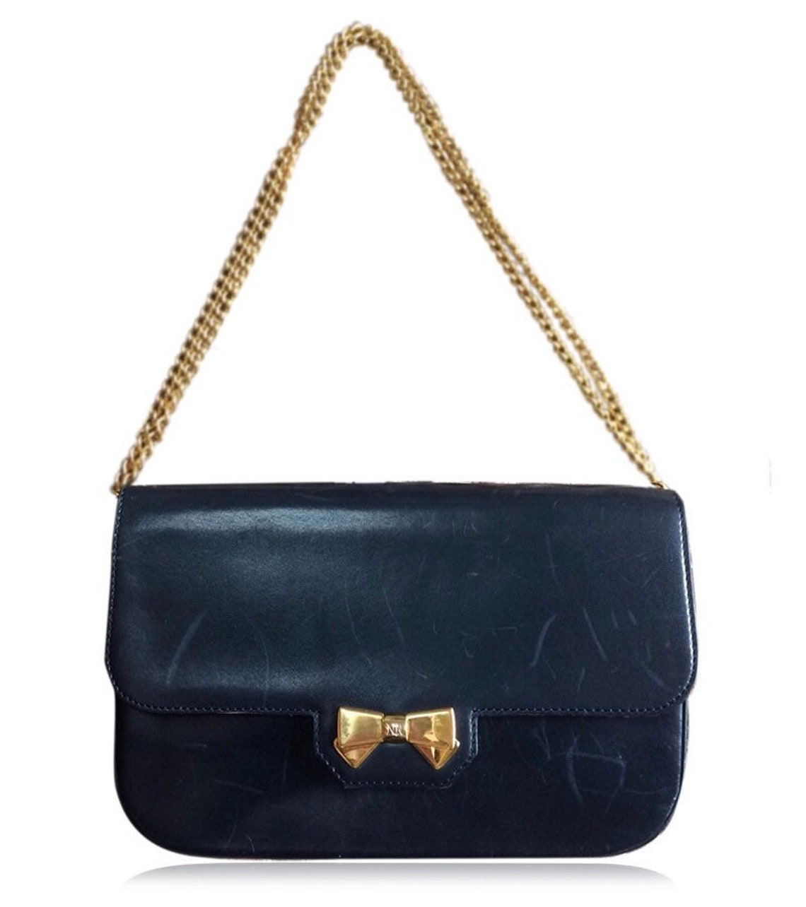 Vintage Nina Ricci Navy Leather Clutch Chain Shoulder Bag | Etsy