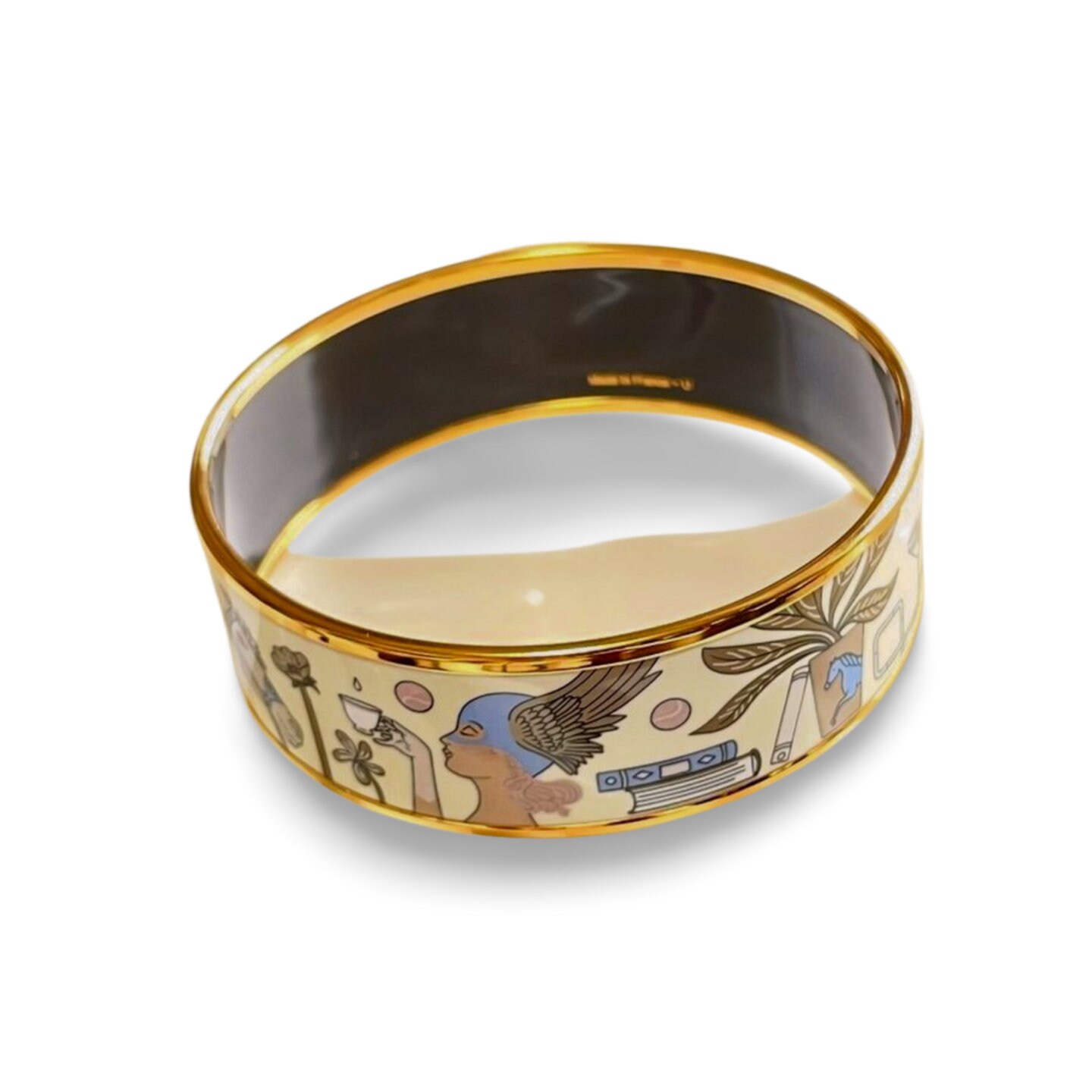 Vintage Hermes Cloisonne Enamel Golden Bangle With Artistic Vintage Hermes Cloisonne Enamel Golden Bangle With Artistic