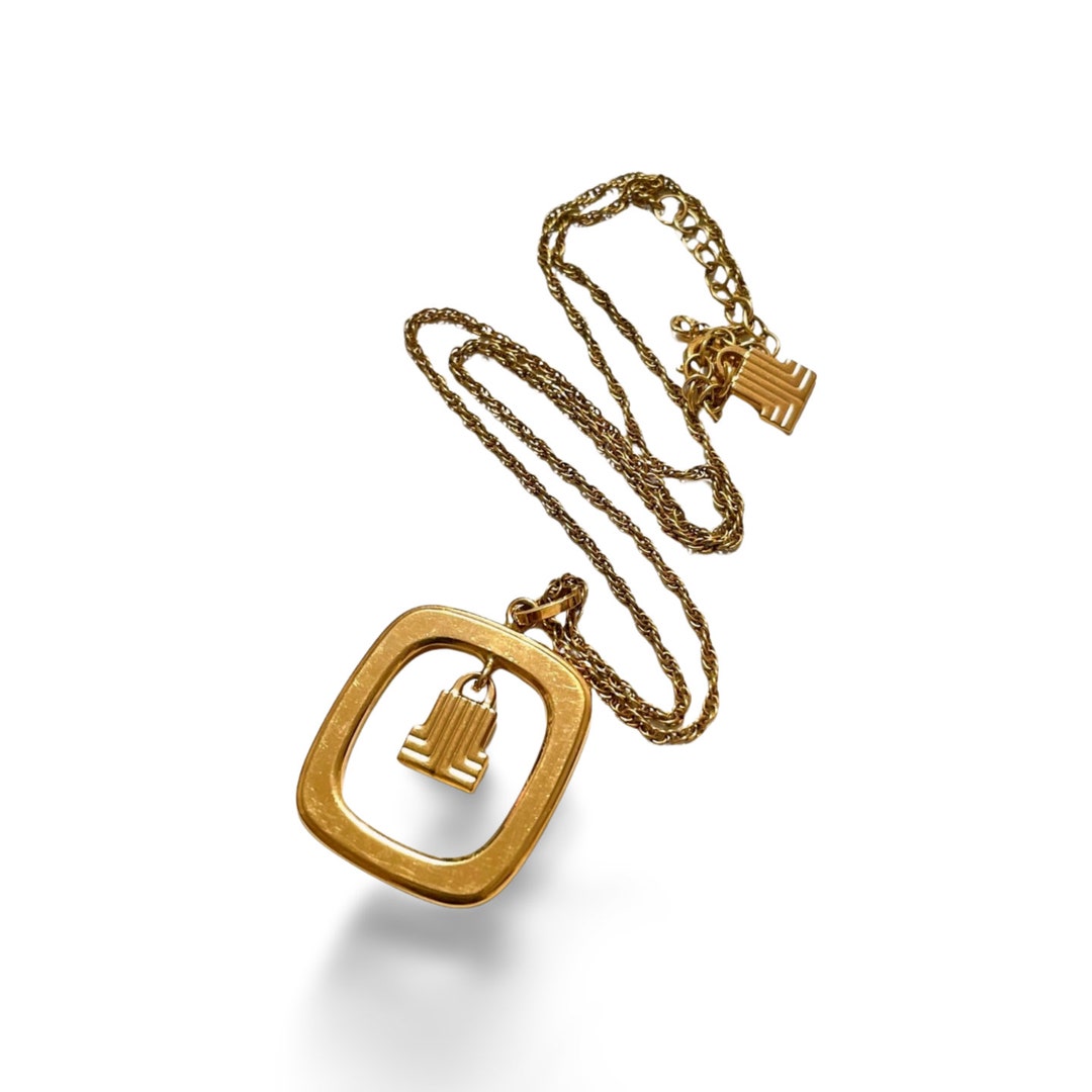 Vintage LANVIN Golden Skinny Chain Necklace With Square and Logo Charm ...
