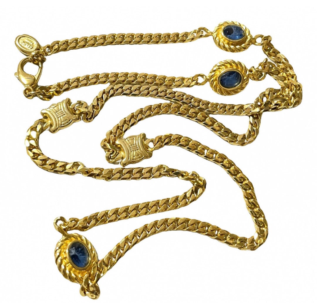 Vintage Celine Gold Chain Necklace With Triomphe Charms and Blue Stones ...