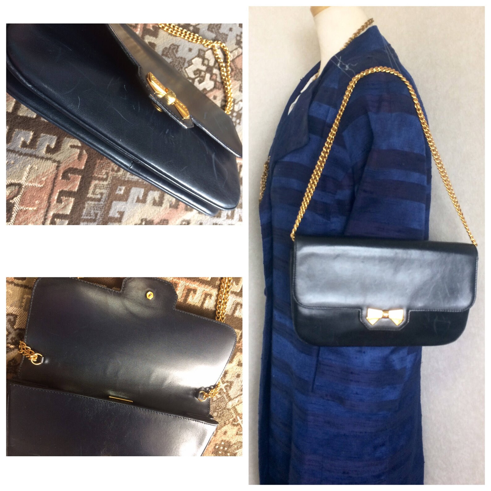 Vintage Nina Ricci Navy Leather Clutch Chain Shoulder Bag | Etsy