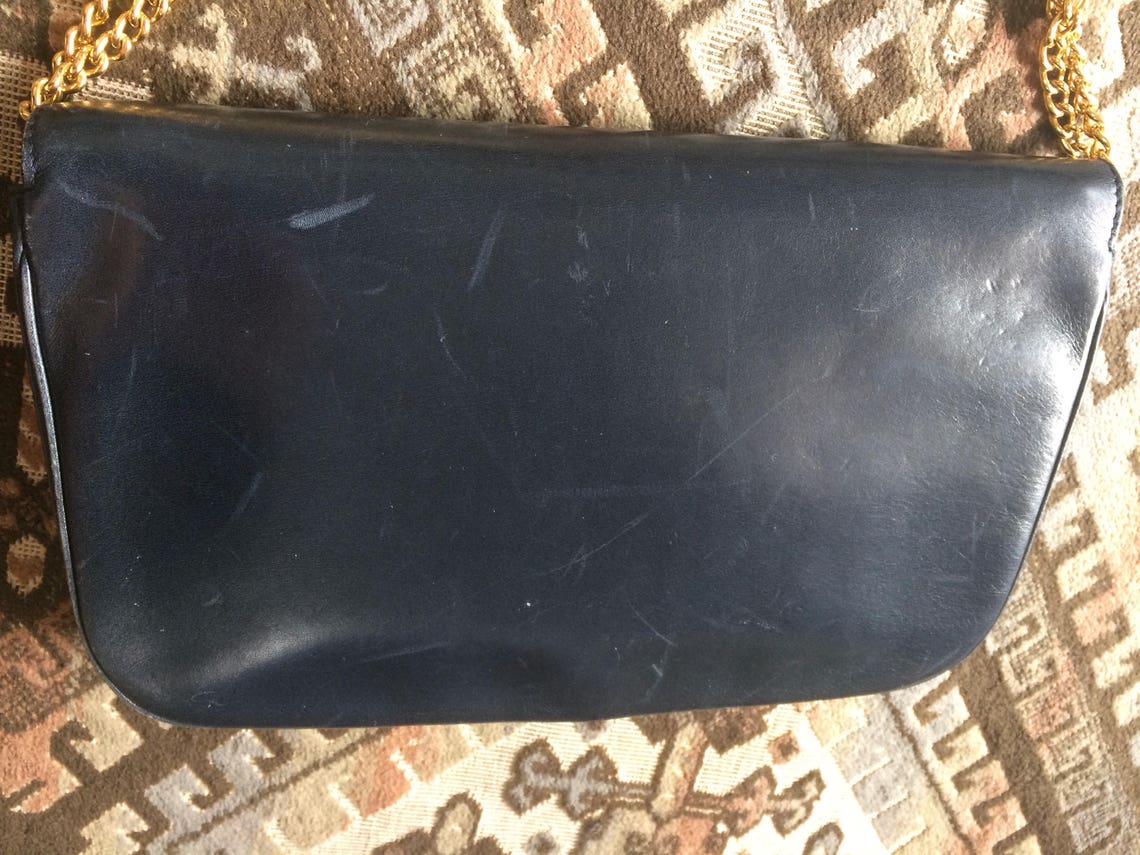 Vintage Nina Ricci Navy Leather Clutch Chain Shoulder Bag | Etsy