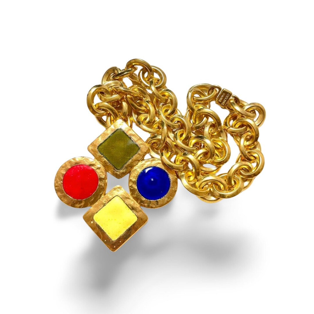Vintage Celine Gold Chain Necklace With Large Colorful Enamel Pendant ...