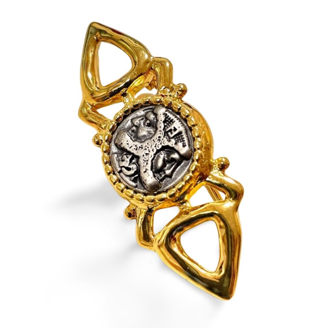 MINT. Vintage FENDI Gold and Gunmetal Jenus Brooch Pin, Hat Pin With FF ...