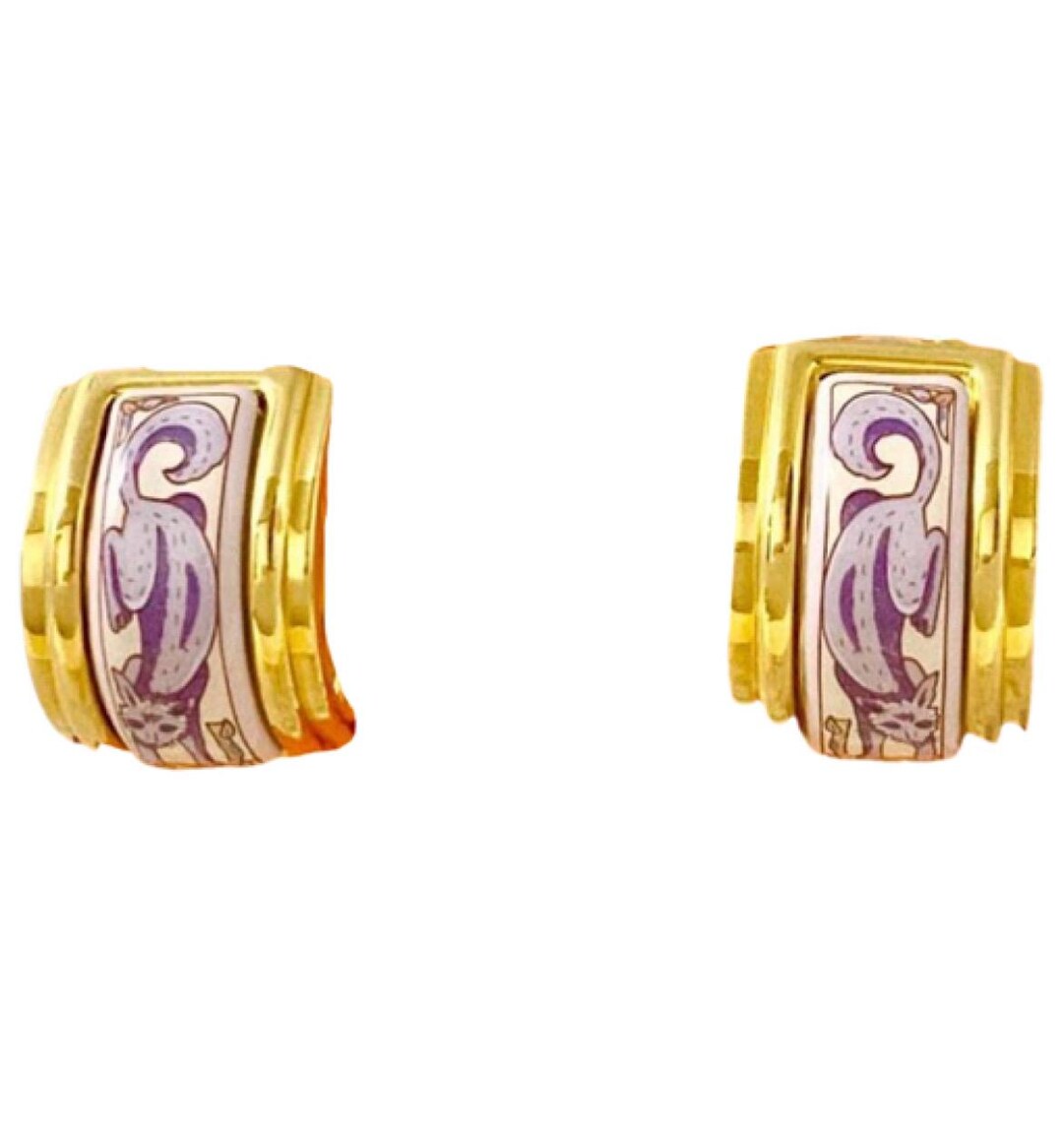 MINT. Vintage Hermes Cloisonne Enamel Golden Earrings With Purple Fox ...