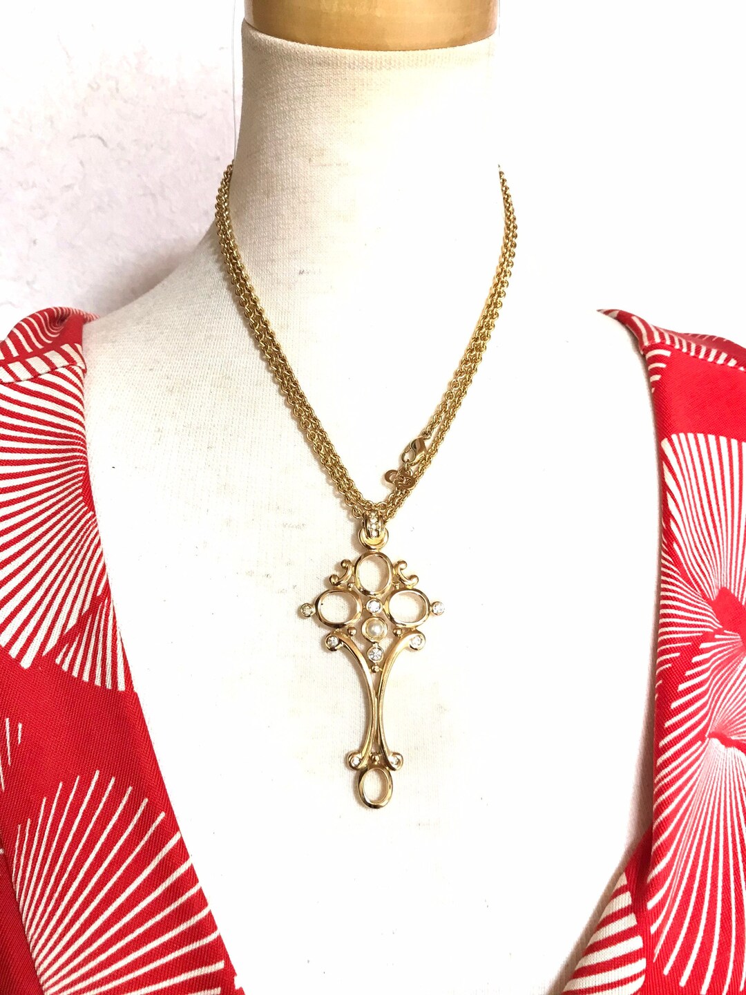 MINT. Vintage Christian Dior Long Chain Necklace With Crystal and Pearl ...